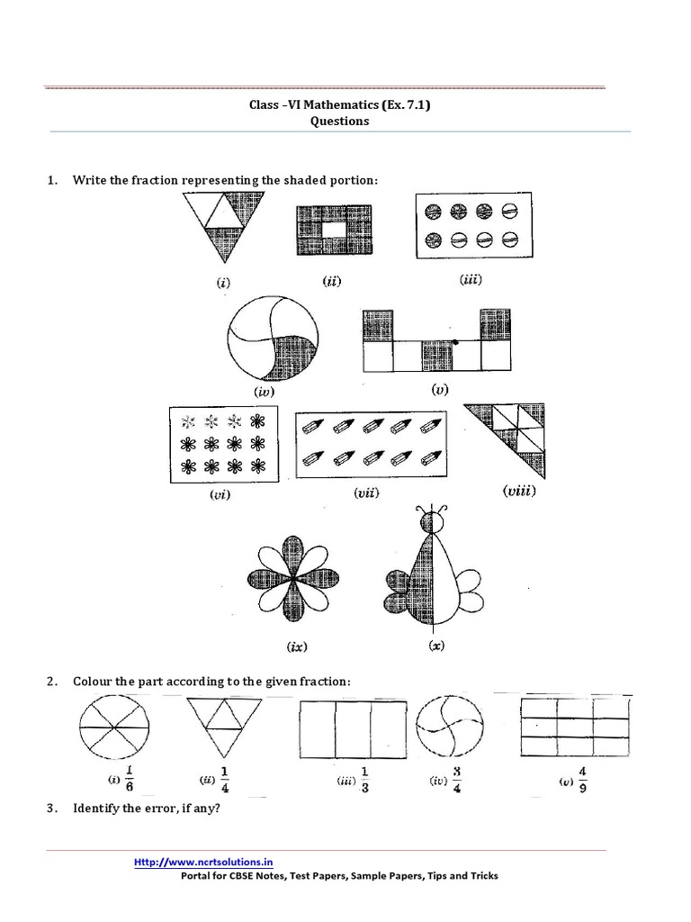Write The Fraction Representing The Shaded Portion:: Class - VI ...
