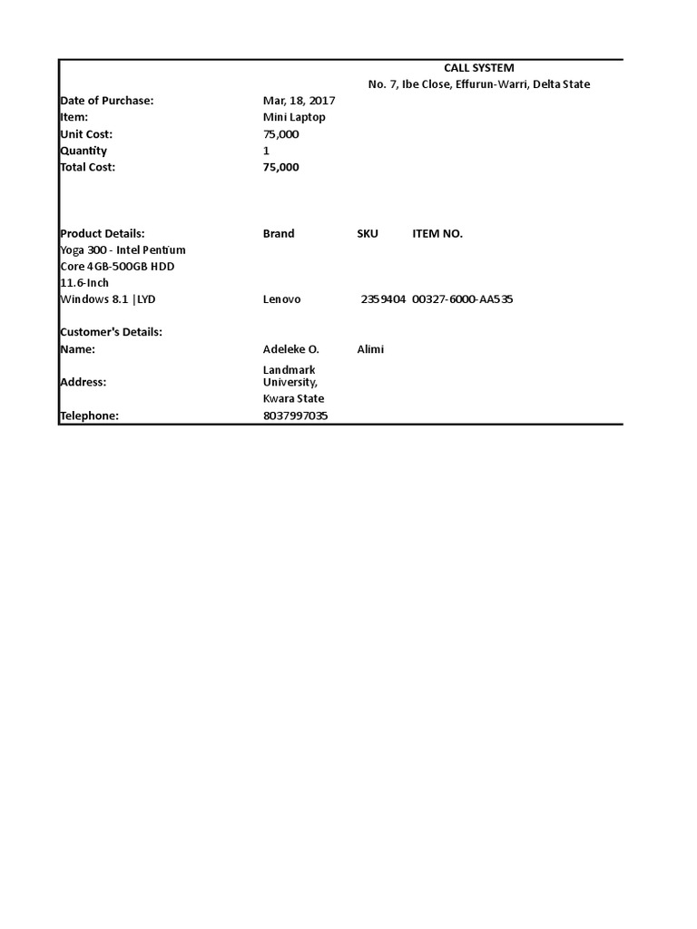 Receipt for the purchase of a Lenovo Yoga 300 laptop by Adeleke O ...