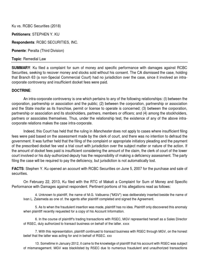 Ku vs. RCBC Securities Case Summary | PDF | Complaint | Lawsuit