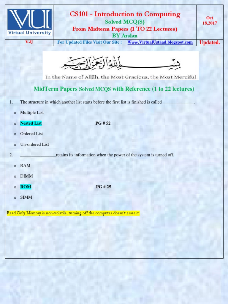 CS101-MidTerm MCQs With Reference Solved by Arslan | PDF | Html Element | Java Script