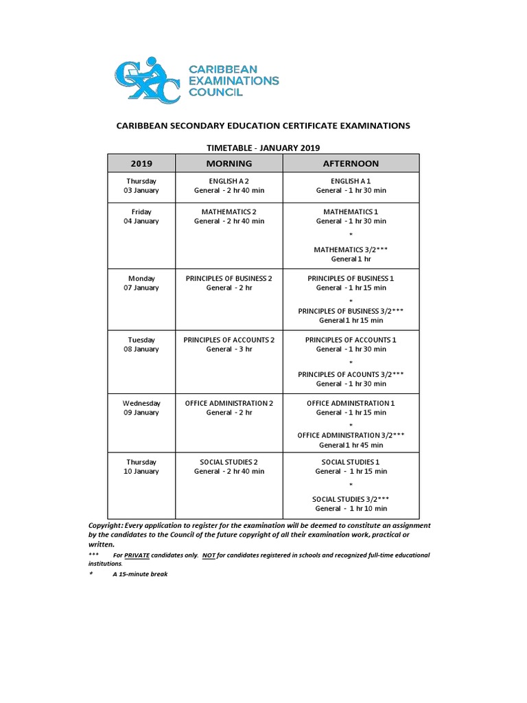 Timetable CSEC Jan 2019 Final - 29 May 2018 PDF | PDF | Test ...
