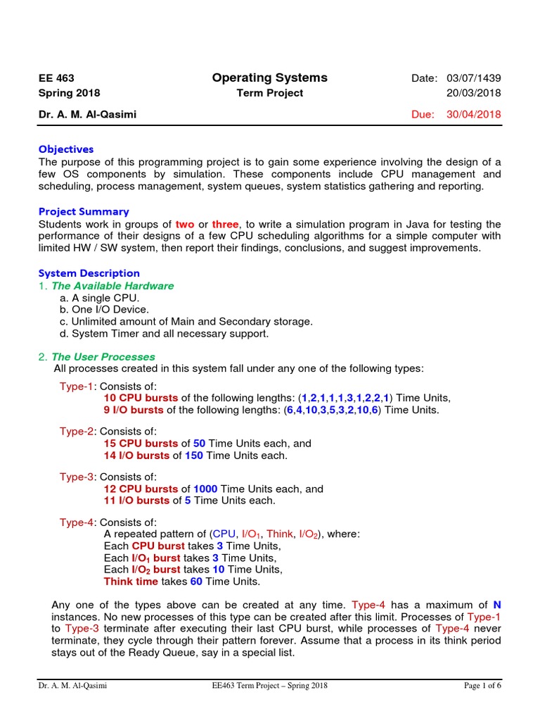 Ee463s18prj 1 | PDF | Scheduling (Computing) | Operating System