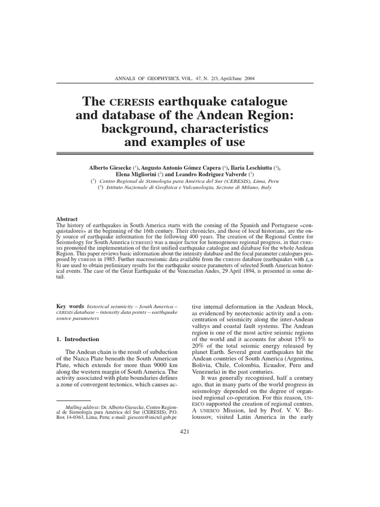 The Earthquake Catalogue and Database of The Andean Region: Background ...