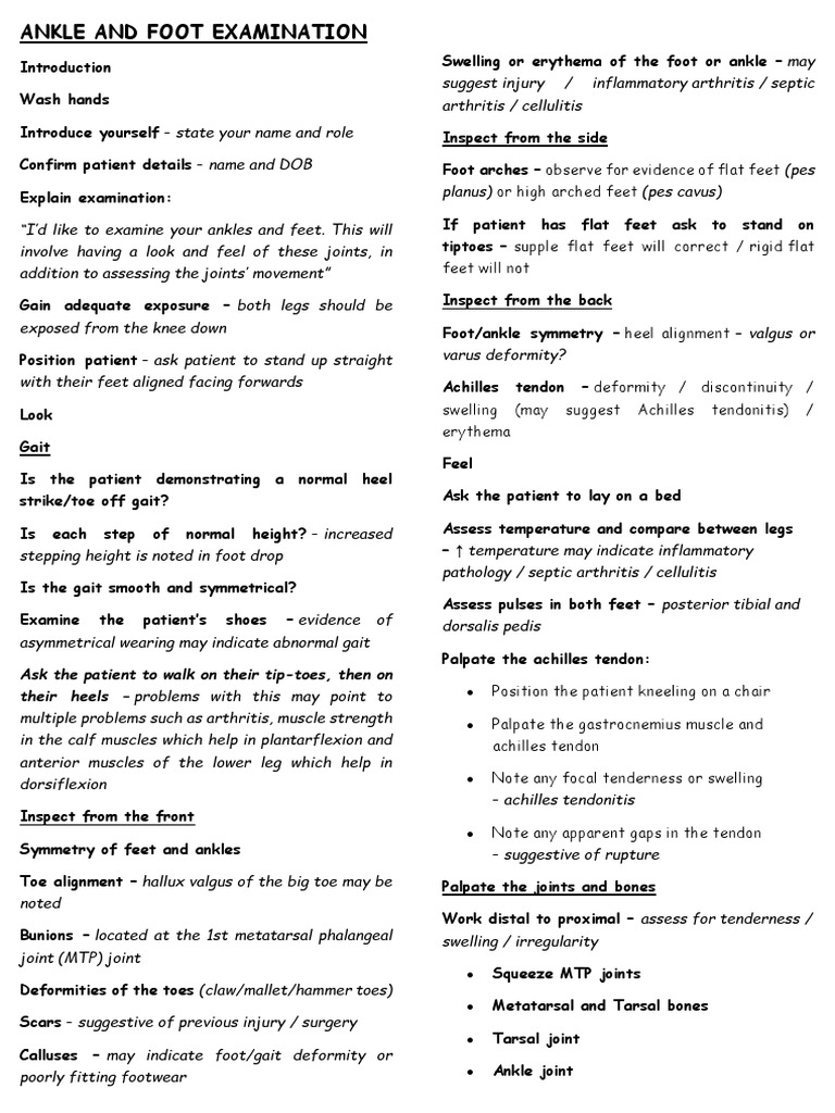 Comprehensive Ankle and Foot Examination Guide | PDF | Toe | Foot