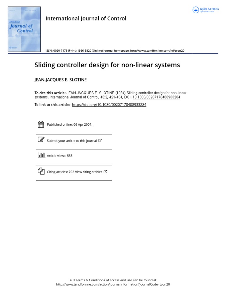 Sliding Controller Design For Non Linear Systems | PDF | Control Theory ...