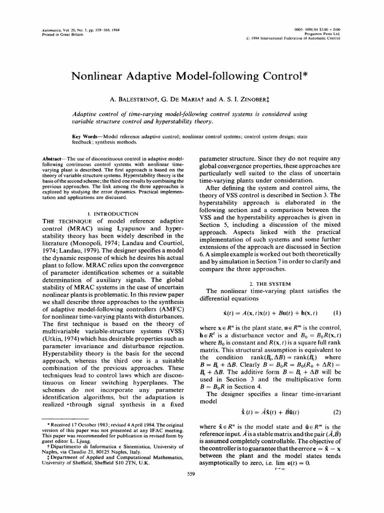 Nonlinear Adaptive Model-Following Control | PDF | Control Theory ...