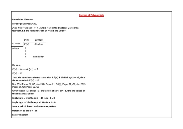 Factors of Polynomials: Remainder Theorem | PDF