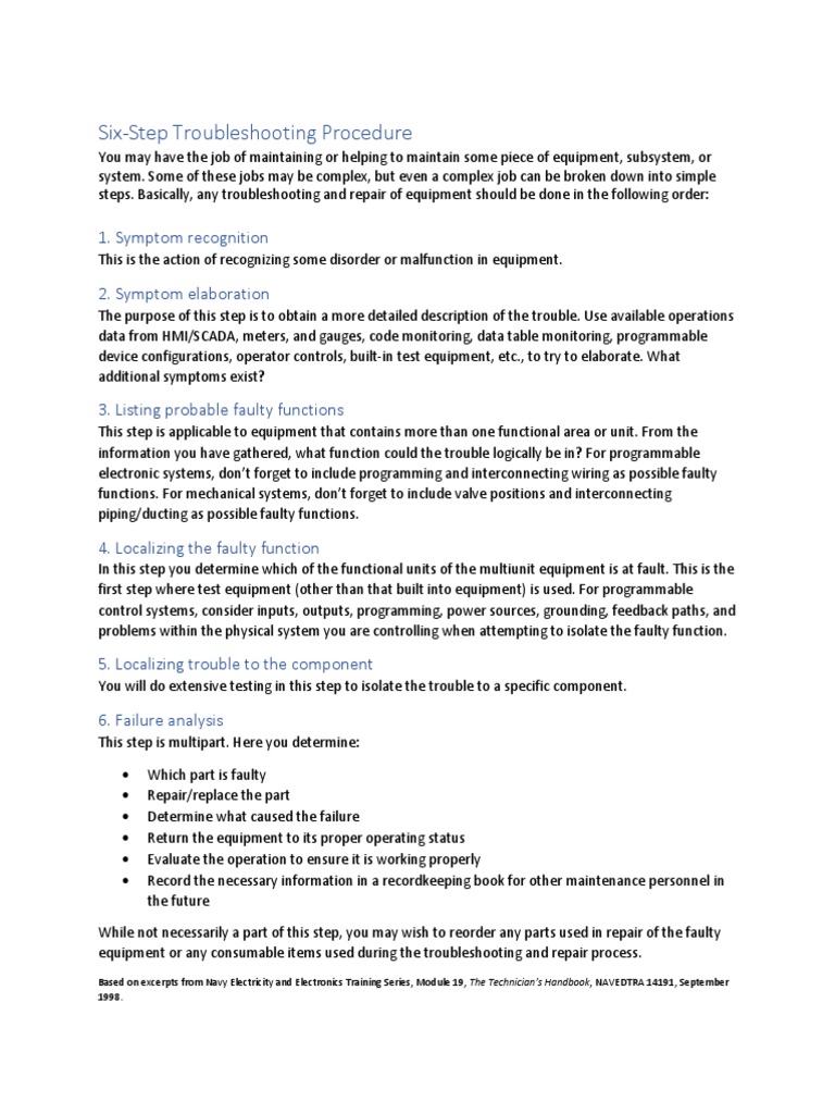 Six Step Troubleshooting Procedure Pdf Troubleshooting Systems Theory