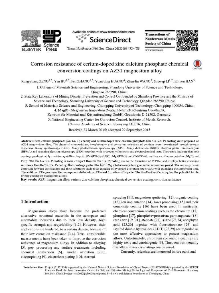 Corrosion Resistance of Cerium-Doped Zinc Calcium Phosphate Chemical Conversion Coatings On AZ31 ...