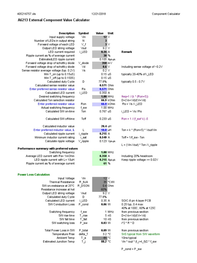 Component Calculator: A6213 External Component Value Calculator | PDF ...