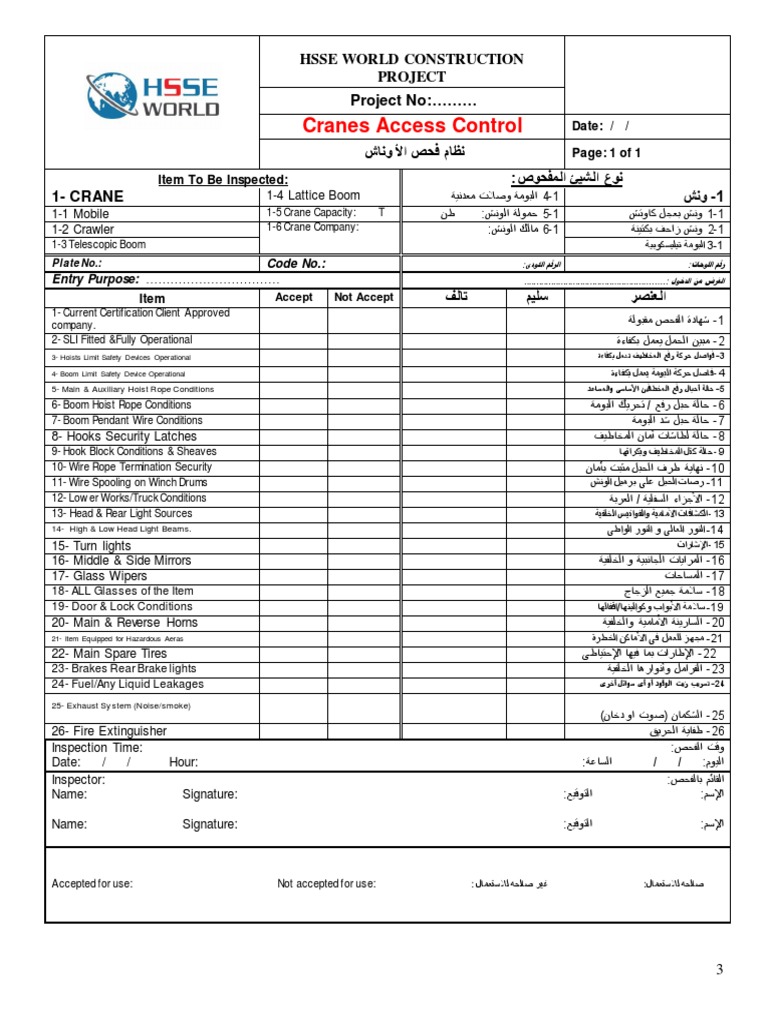 Cranes Access Control Inspection Checklists | PDF