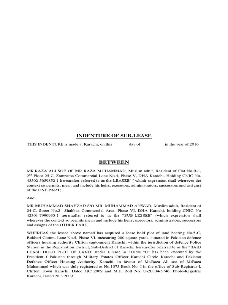 Indenture of Sub-lease (2) | Lease | Common Law