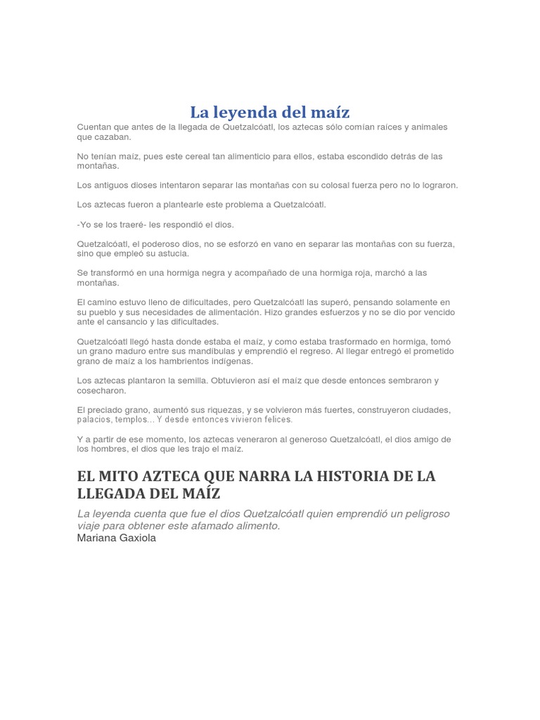 La Leyenda Del Maíz | PDF | Maíz | Cereales