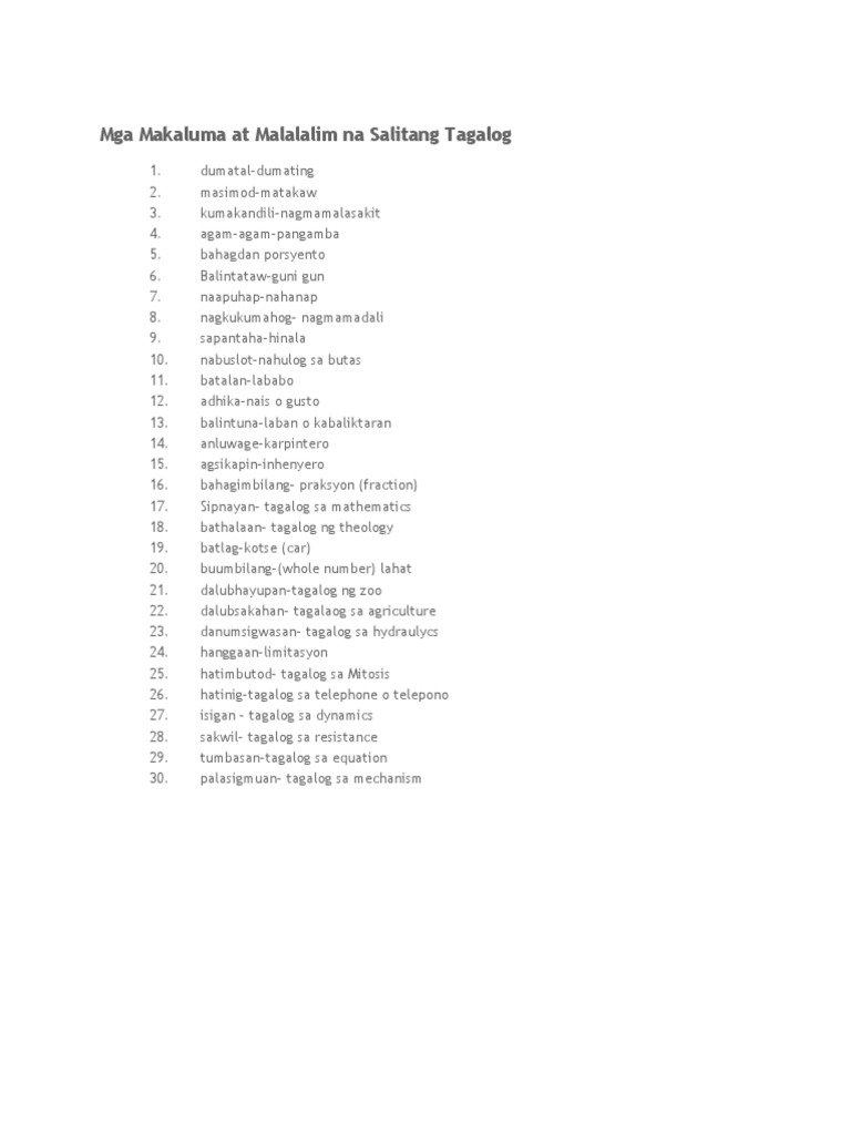 Mga Makaluma at Malalalim Na Salitang Tagalog | PDF