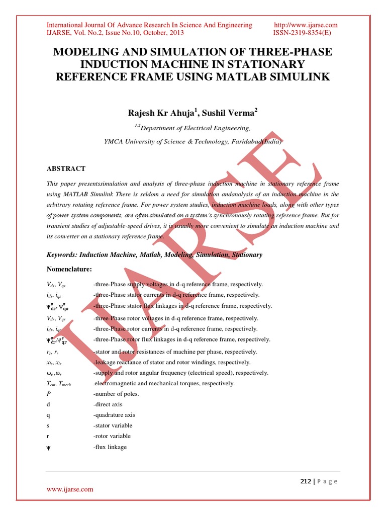 Modeling and Simulation of Three-Phase Induction Machine in Stationary Reference Frame Using ...