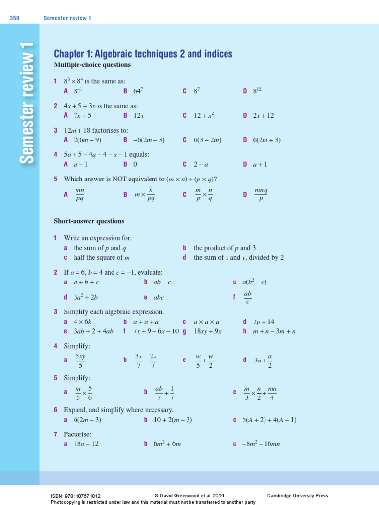 Chapter 1: Algebraic Techniques 2 and Indices: 1 A B C D 2 A B C D 3 A ...