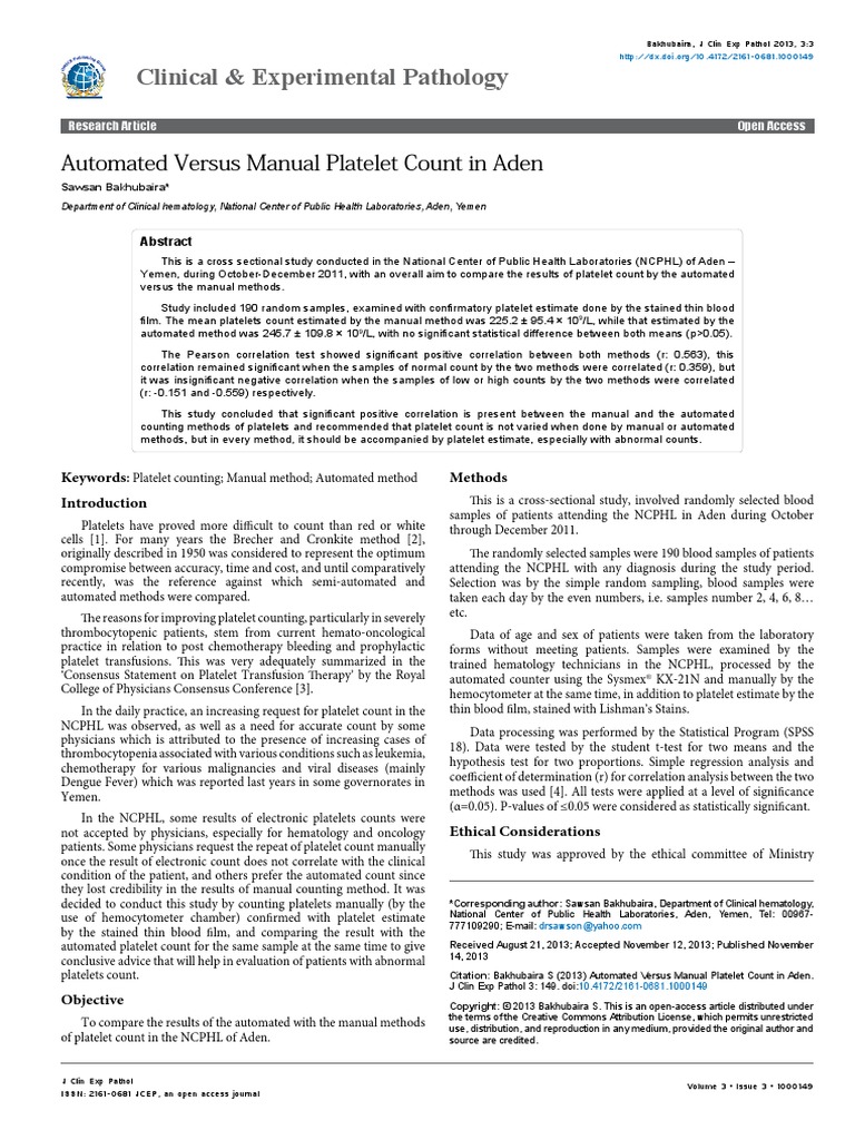 Automated Versus Manual Platelet Count in Aden 2161 0681-3-149 | PDF ...