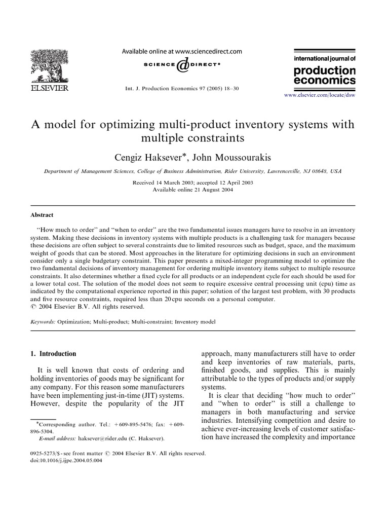 A Model For Optimizing Multi-Product Inventory Systems With Multiple ...
