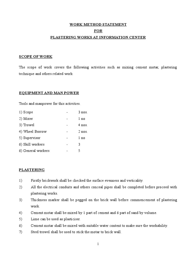 Work Method Statement FOR Plastering Works at Information Center | PDF ...
