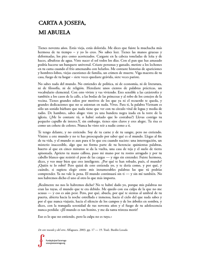 José Saramago. Carta A Josefa, Mi Abuela PDF | PDF