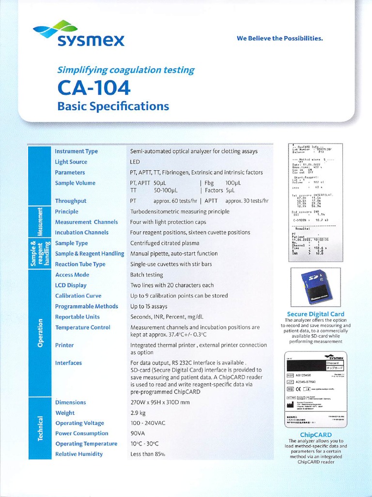 Coagulation Analyzer Sysmex CA 104 | PDF