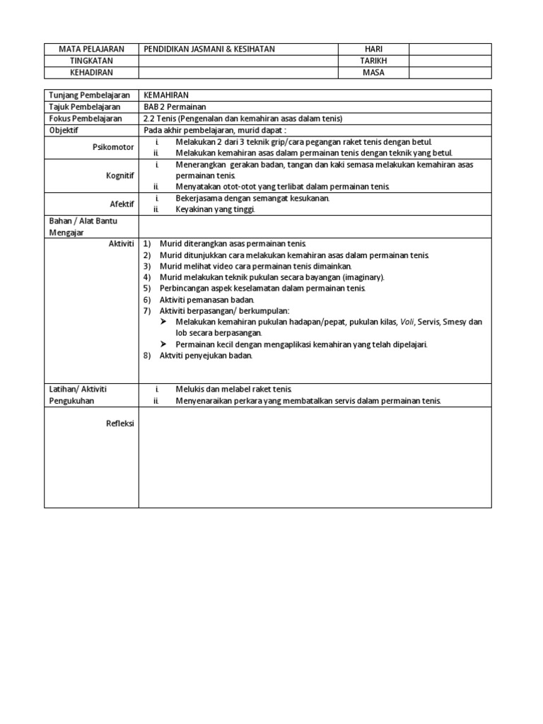 Contoh RPH Pendidikan Jasmani Dan Pendidikan Kesihatan | PDF