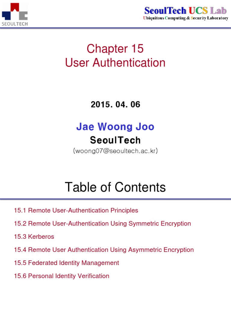 User Authentication: Jae Woong Joo | PDF | Authentication | Public Key Cryptography