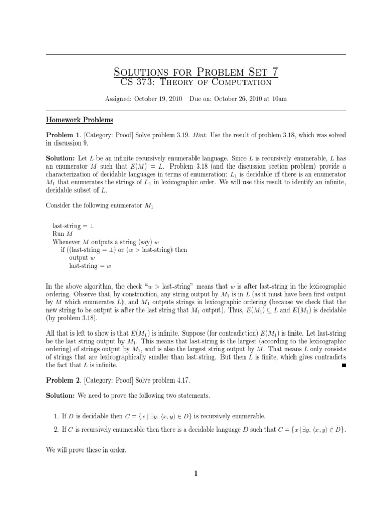 Solutions For Problem Set 7: CS 373: Theory of Computation | PDF | Computability Theory ...
