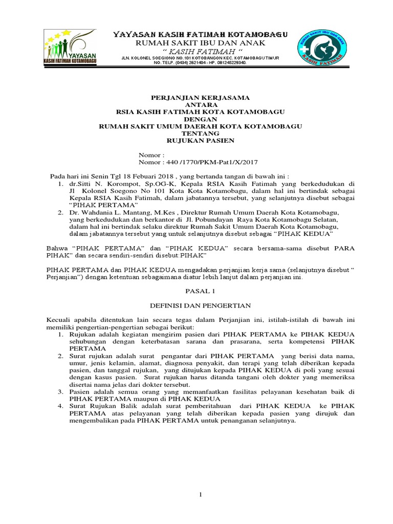 Contoh Mou Rujukan DGN Rumah Sakit | PDF