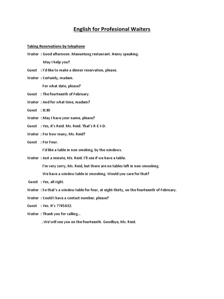 English for Professional Waiters Guide | PDF | Waiting Staff | Drink