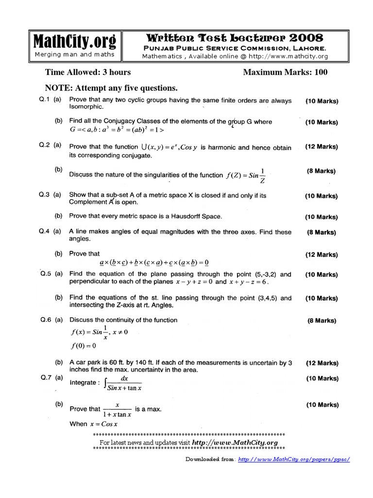 PPSC Lecturer Mathematics 2008 PDF | PDF