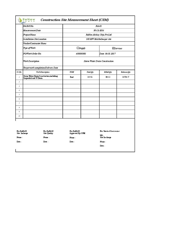 Measurement Sheet - Site Construction - Ra01xls | PDF