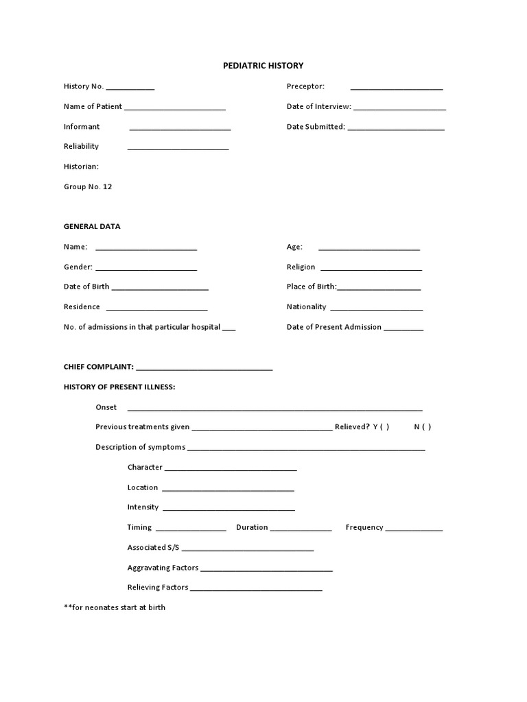 Pediatric History Outline | PDF | Childbirth | Pregnancy