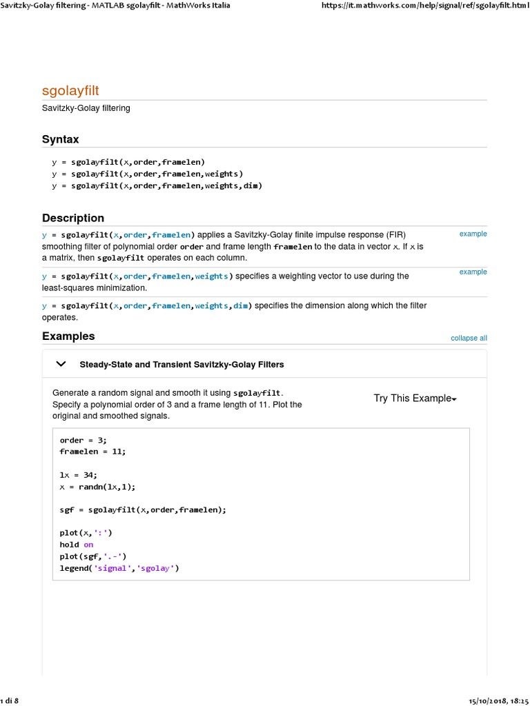 Savitzky-Golay Filtering - MATLAB Sgolayfilt - MathWorks Italia | PDF | Matlab | Filter (Signal ...