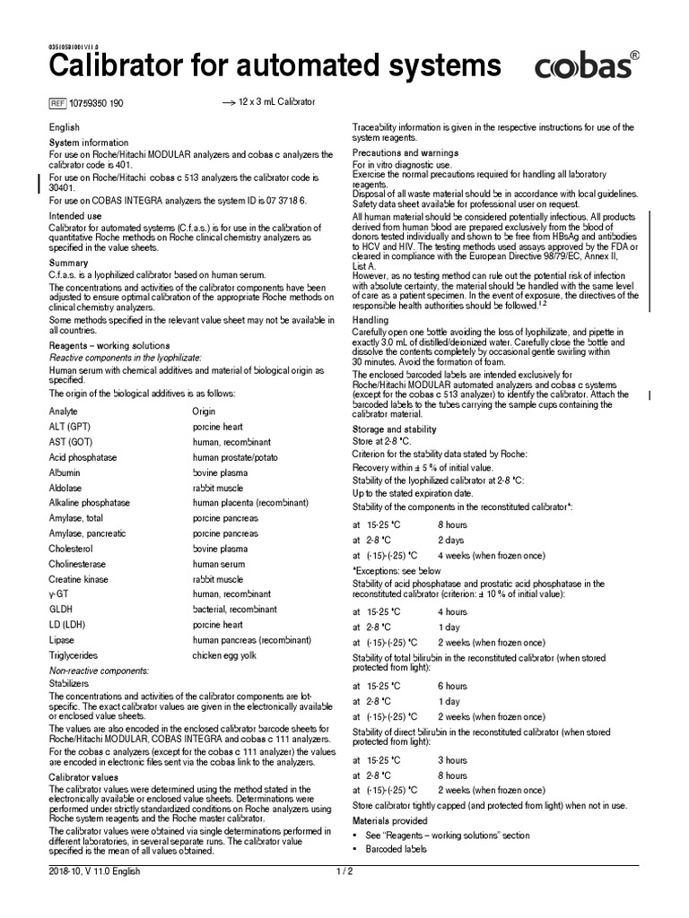 Insert - Calibrator For Automated Systems.03510581001.V11.En | PDF ...