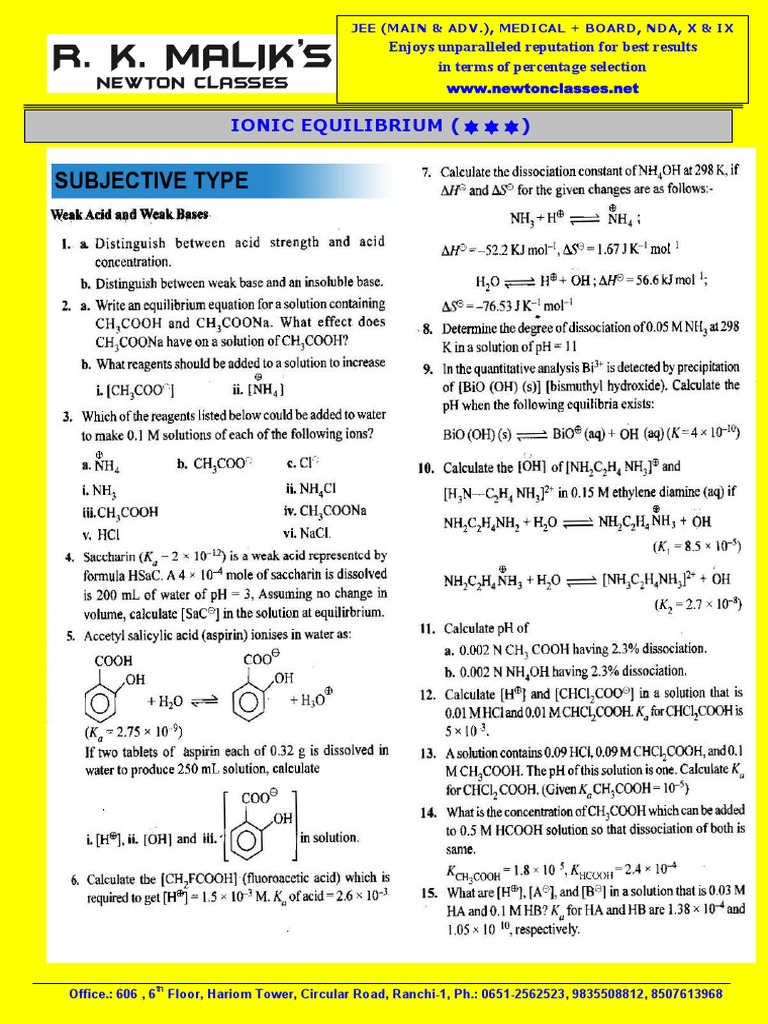 Ionic Equilibrium Important Problems For JEE Main and JEE Advanced | PDF | Analytical Chemistry ...