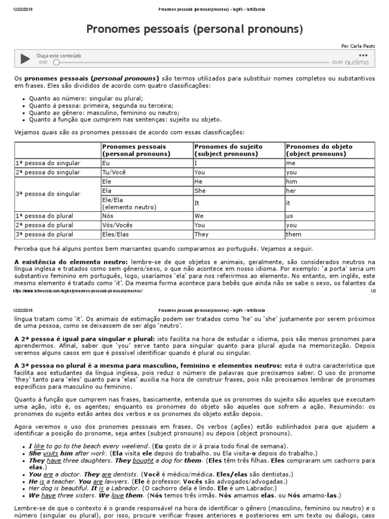 Pronomes Pessoais em Inglês: Guia Completo | PDF | Pronome | Assunto ...