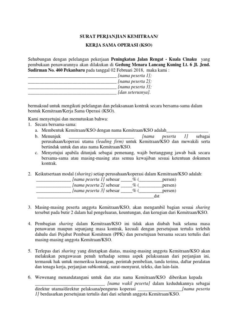 Contoh Surat Perjanjian KSO Proyek | PDF | Karier & Perkembangan