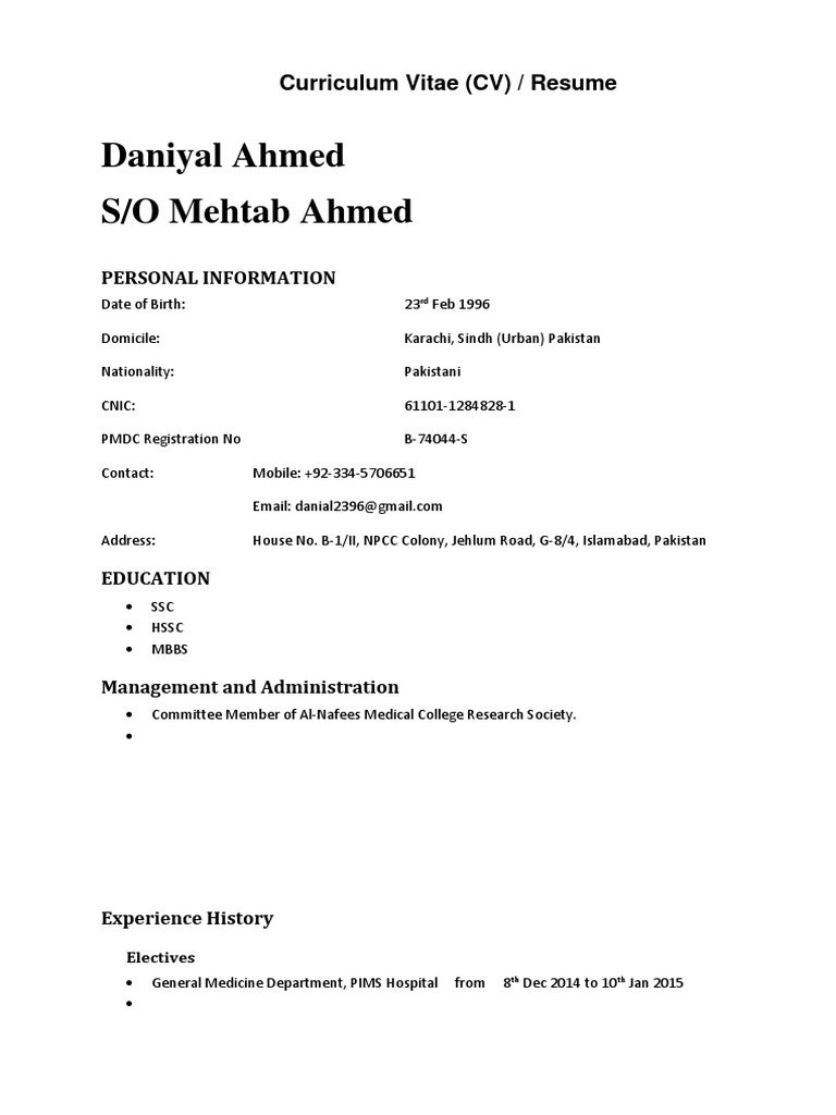 Daniyal Ahmed S/O Mehtab Ahmed: Curriculum Vitae (CV) / Resume | PDF | Business