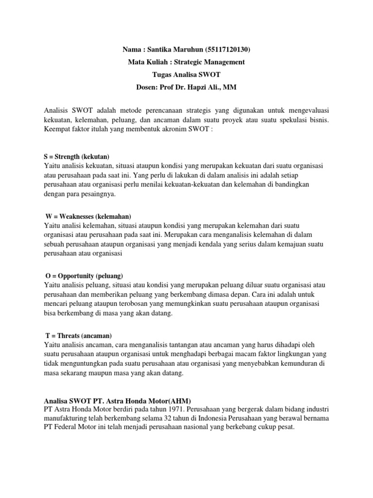 8, SM, Santika Maruhun, Hapzi Ali, Strategic Management, Swot Analysis Pada Pt. Astra Honda ...