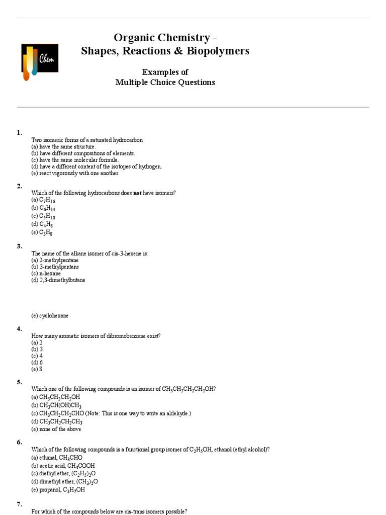 Sample Questions - Chapter 28 | PDF | Isomer | Conformational Isomerism