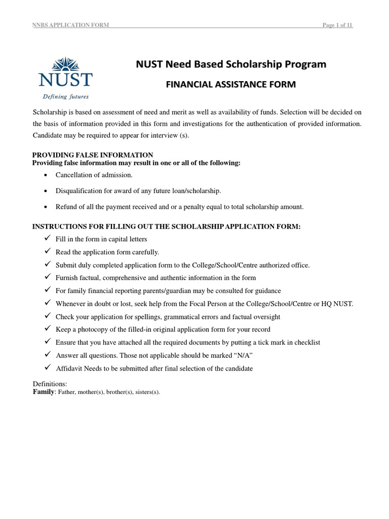 NUST Need-Based Scholarship Application Form | PDF | Renting | Fee