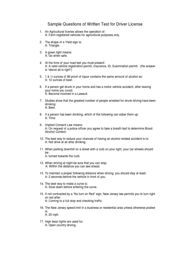 NJ Driver License Test Sample Questions | PDF | Driving Under The ...