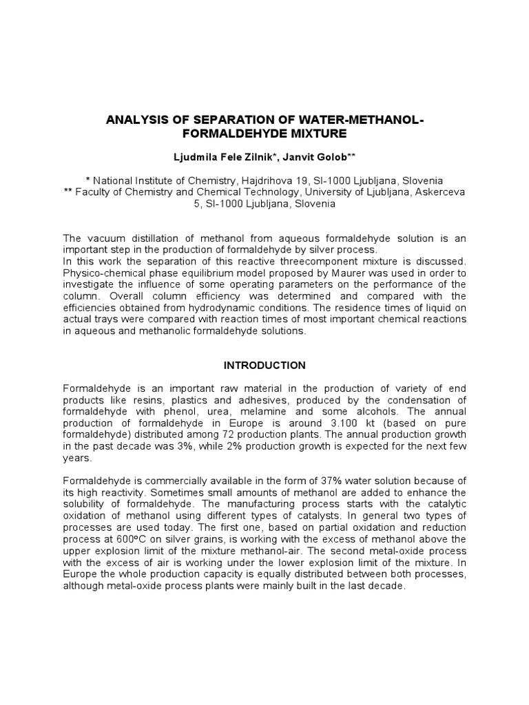 Water Formaldehyde Seperation | PDF | Formaldehyde | Distillation