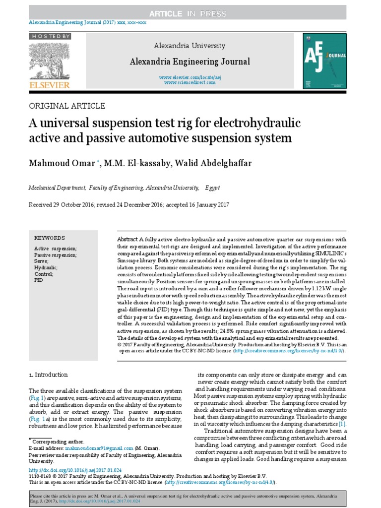 A Universal Suspension Test Rig For Electrohydraulic Active and Passive ...