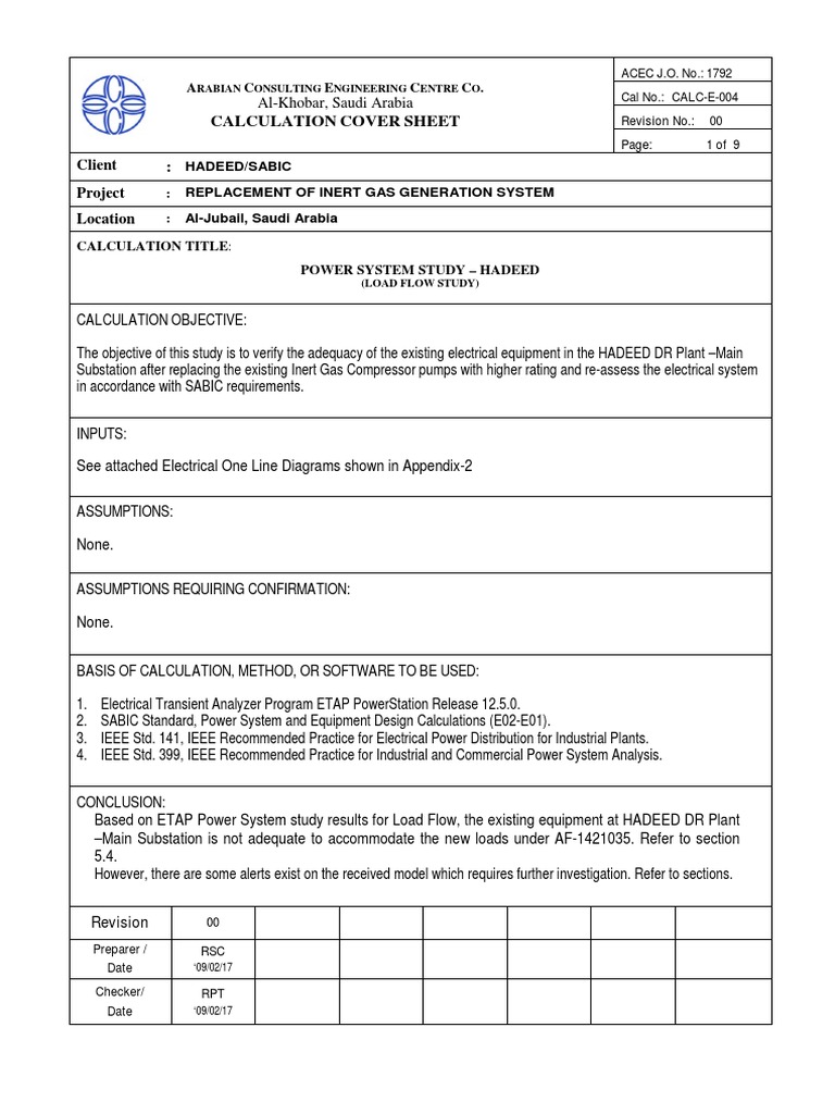 Calculation Cover Sheet: Client Project Location | PDF | Electrical ...