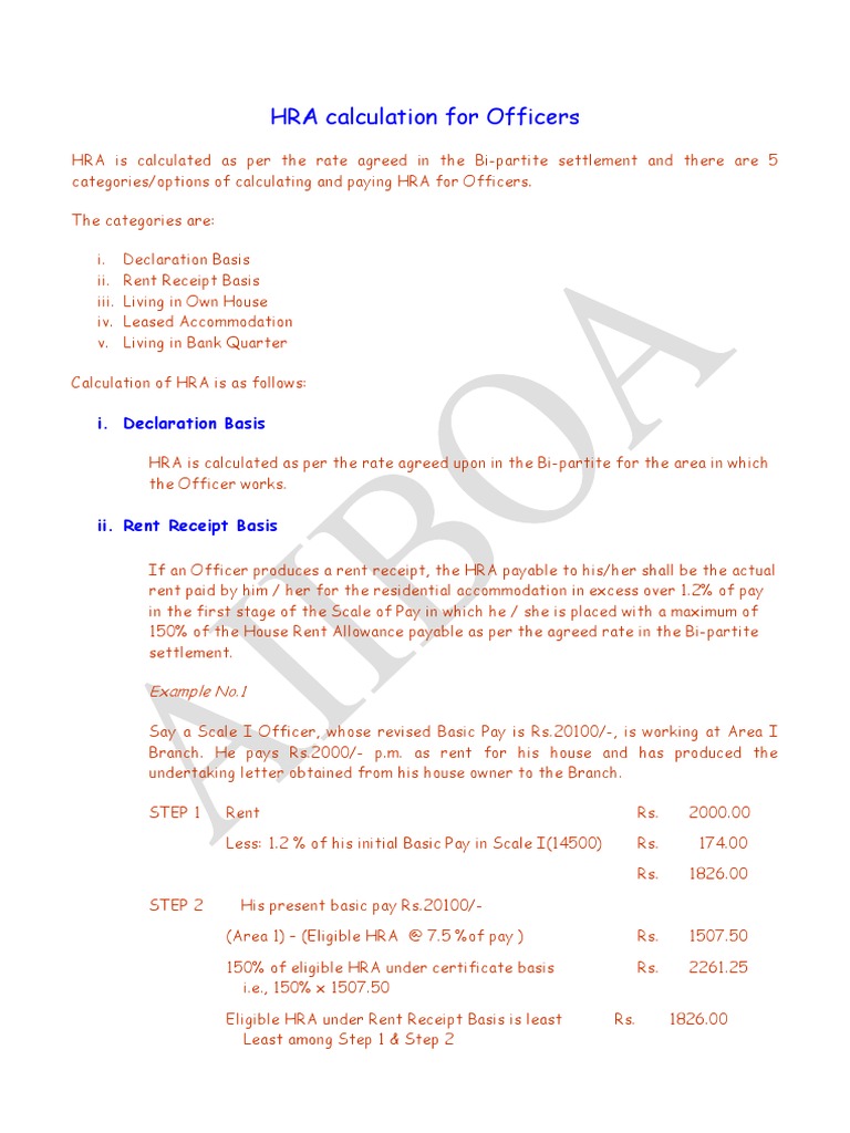 HRA Calculation For Officers: I. Declaration Basis | PDF | Renting ...