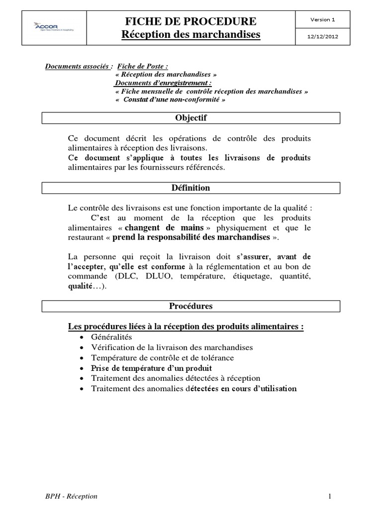 1-Fiche de Procedure Reception Des Marchandises | Thermomètre | Température 1-Fiche de Procedure Reception Des Marchandises | Thermomètre | Température