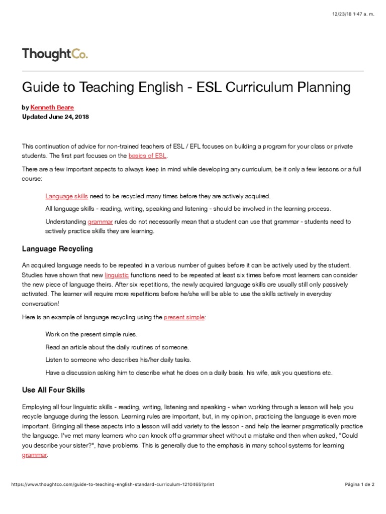 Guide To Teaching English - ESL Curriculum Planning: Kenneth Beare ...