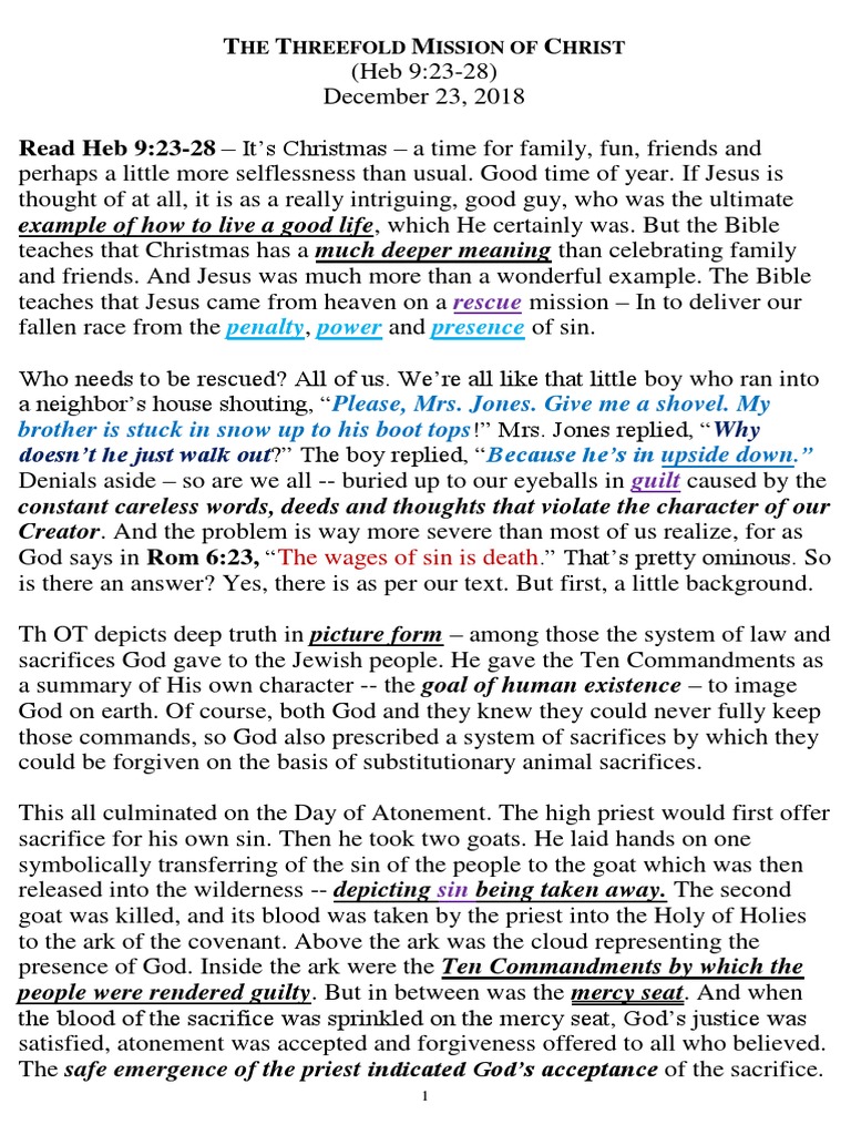 Heb 09-23-28 Rescue - The Threefold Mission of Christ | PDF | Sacrifice ...